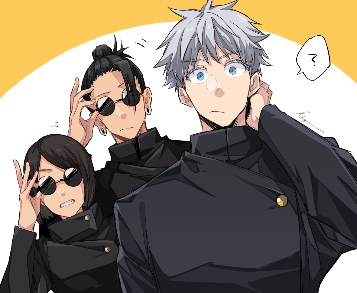 Safebooru - 1girl 2boys ? adjusting eyewear arm behind head arm up bangs black hair black jacket ...