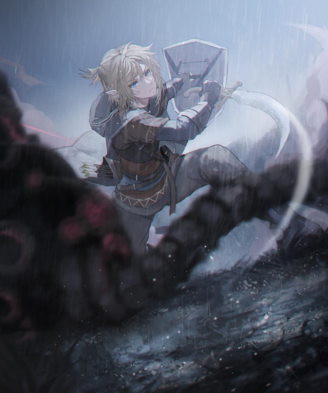Safebooru - 1boy arrow (projectile) bangs blonde hair blue eyes blurry blurry foreground gloves ...