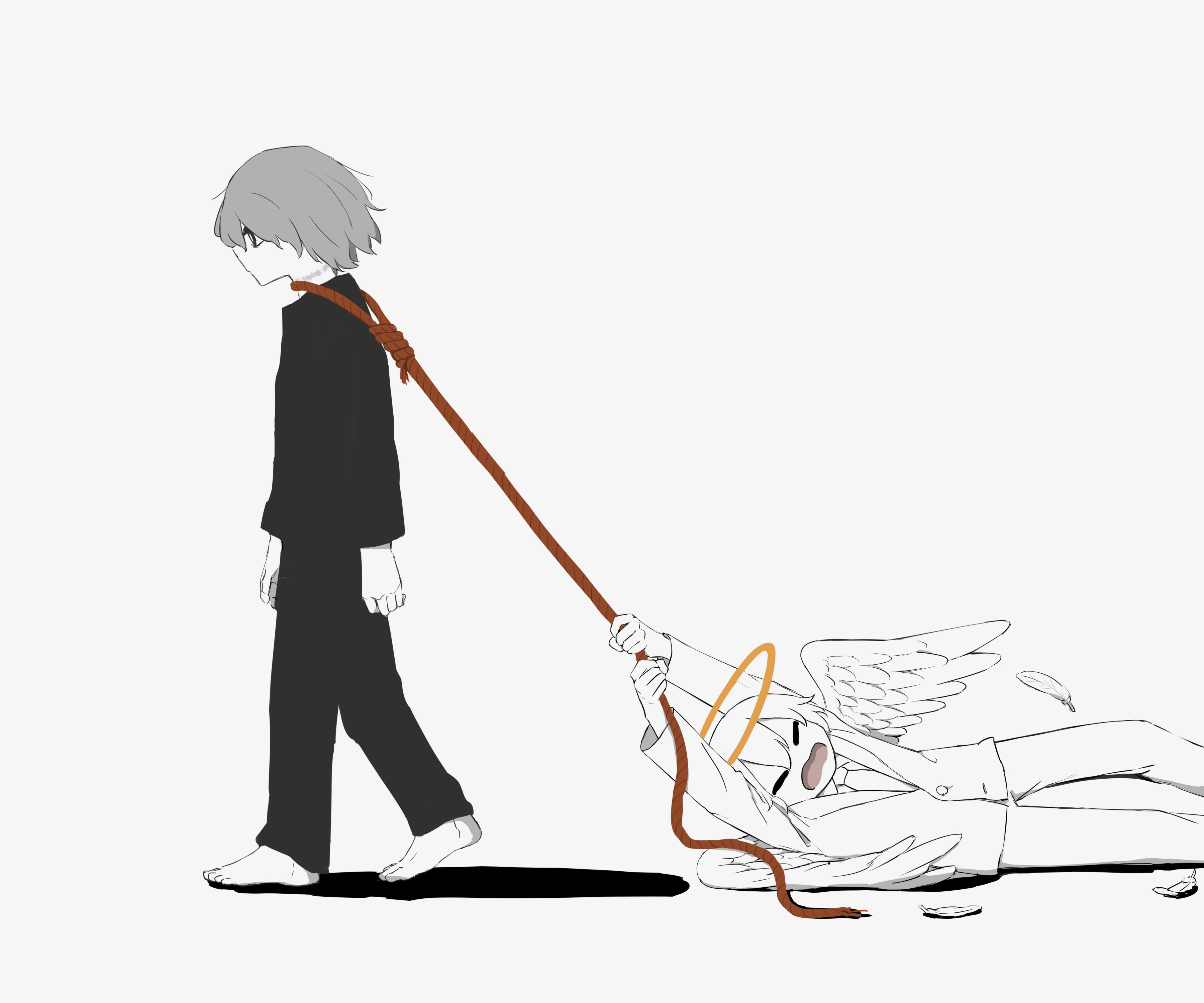 Safebooru - 2boys absurdres angel wings avogado6 barefoot d: feathers ...