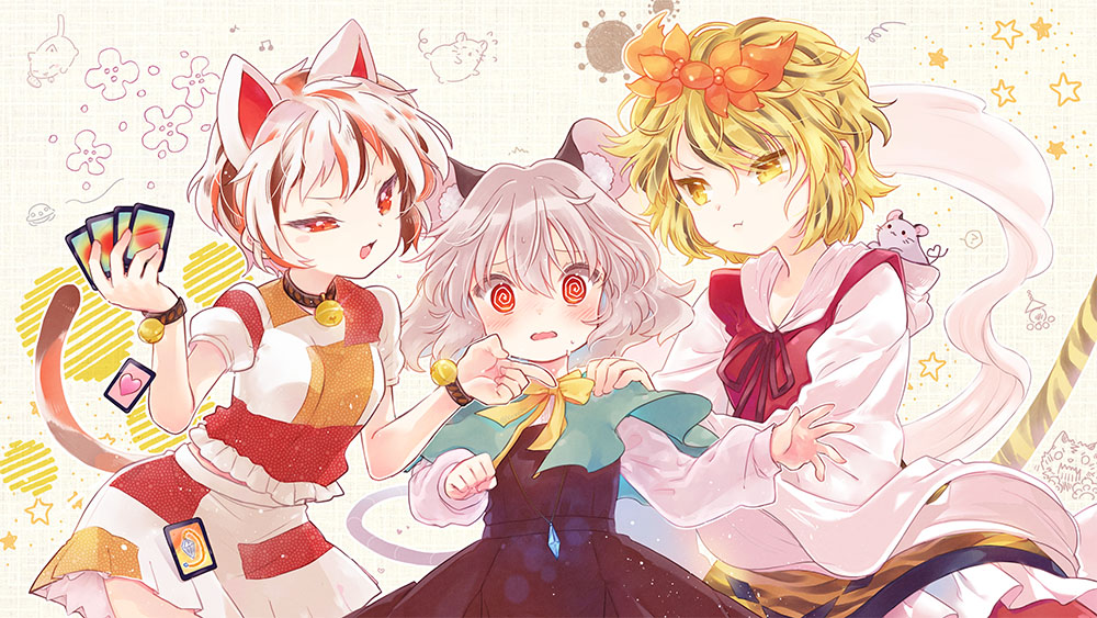 Safebooru - 3girls @ @ animal ear fluff animal ears bell bishamonten's pagoda biyon black dress ...