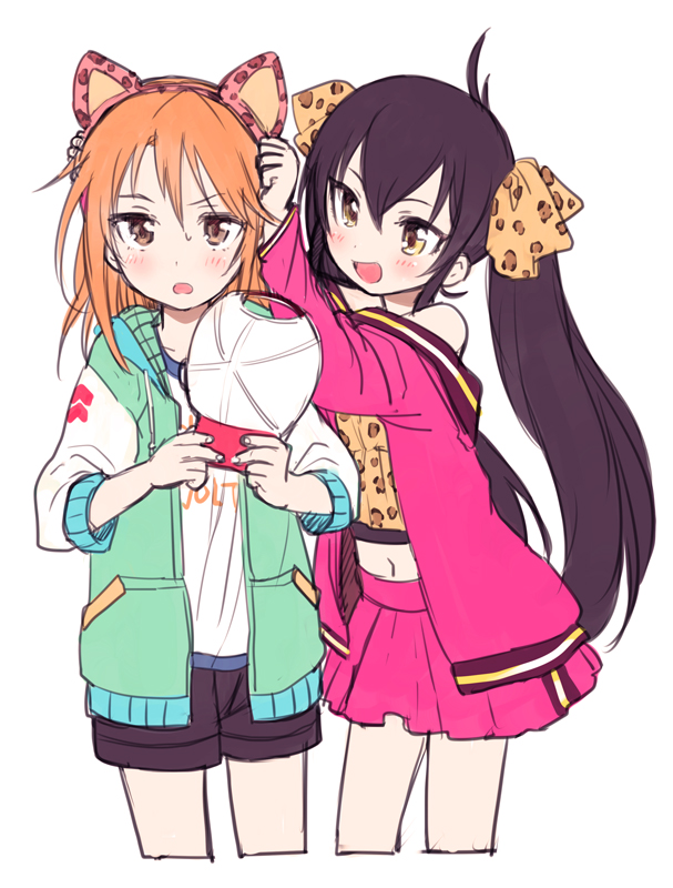 Safebooru - 2girls :d ahoge amezawa koma animal ears black shorts blush bow fake animal ears ...