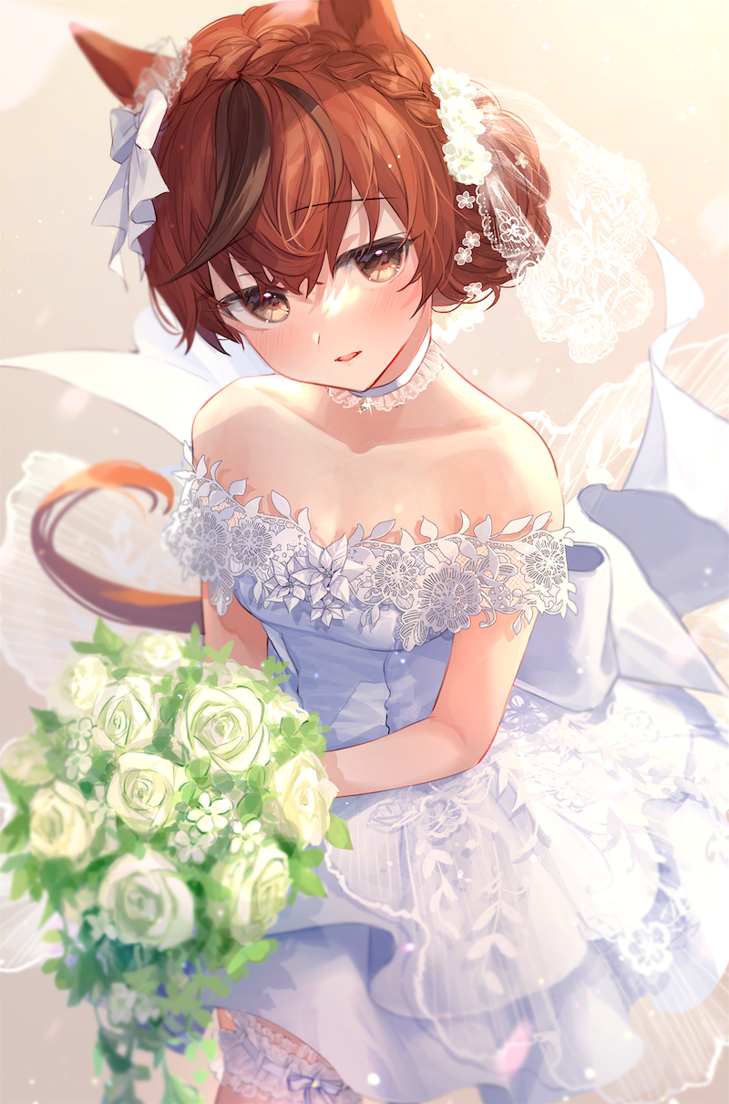Safebooru - 1girl animal ears bare shoulders blush bouquet bow braid breasts bridal veil brown ...