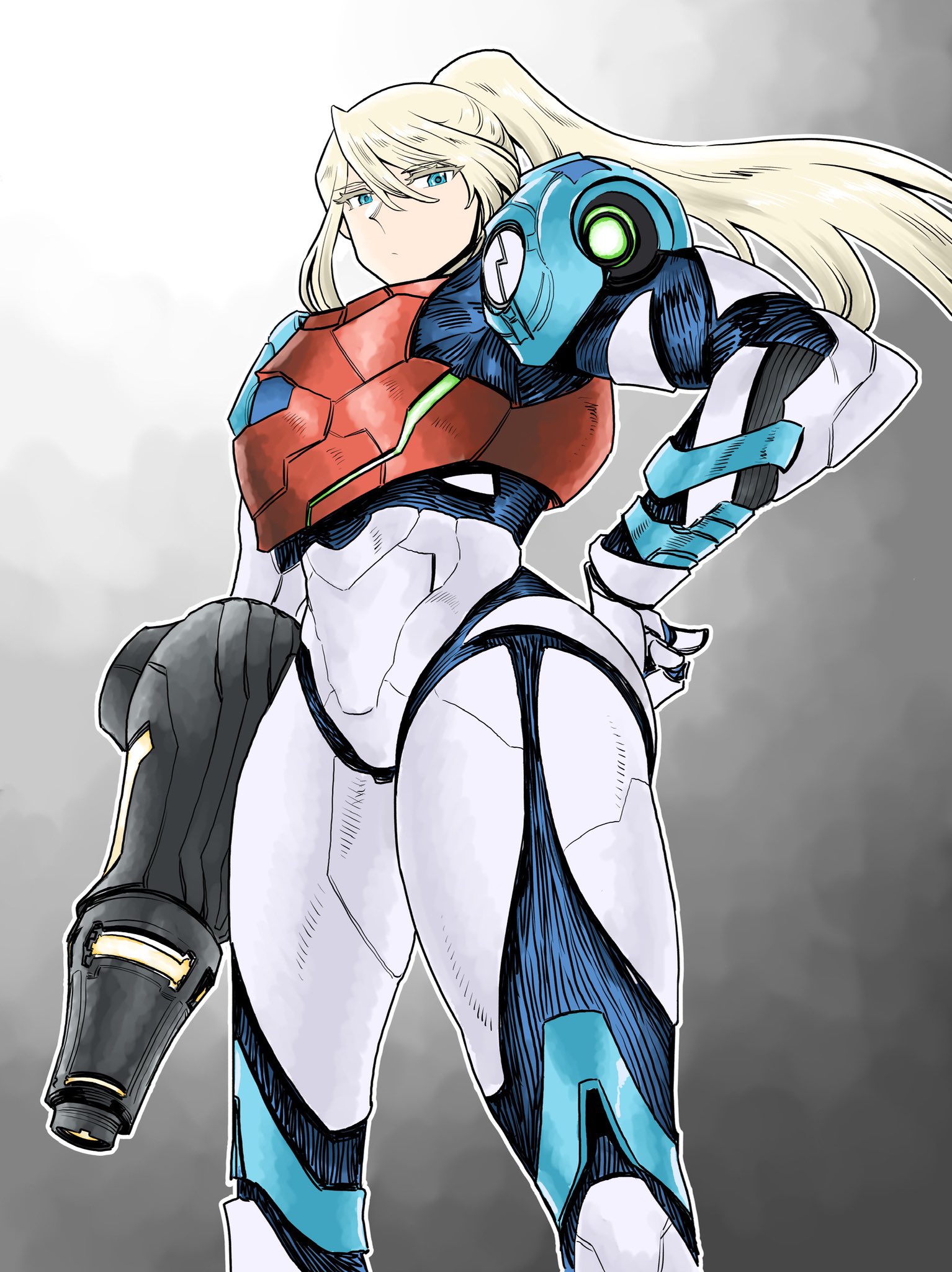 Safebooru - 1girl arm cannon armor bangs blonde hair blue eyes glowing grey background gun ...