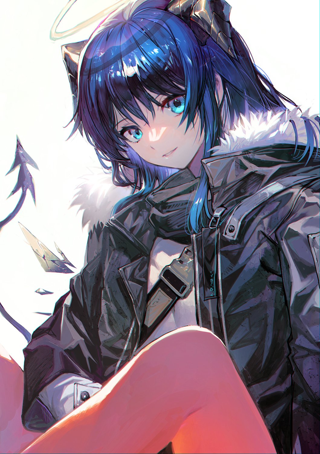 Safebooru - 1girl aoki (fumomo) arknights bangs black horns black jacket blue eyes blue hair ...