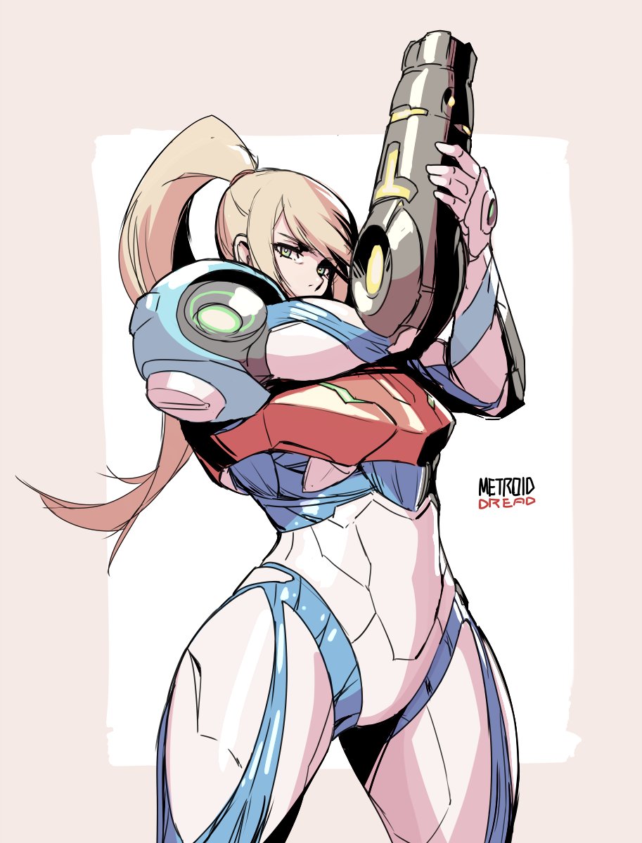 Safebooru - 1girl arm cannon armor bangs blonde hair blue eyes full body gun highres long hair ...