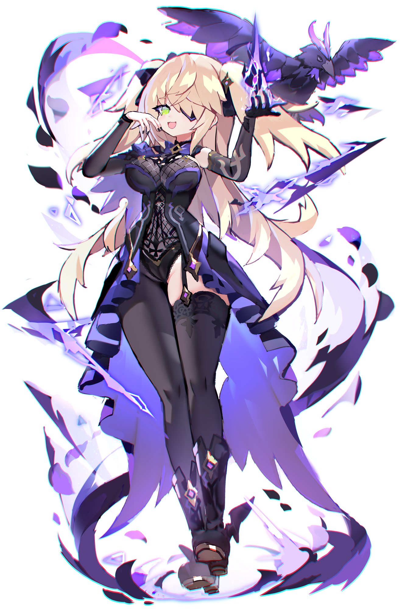 Safebooru - 1girl asymmetrical legwear bird black nails blonde hair bodystocking bodysuit boots ...