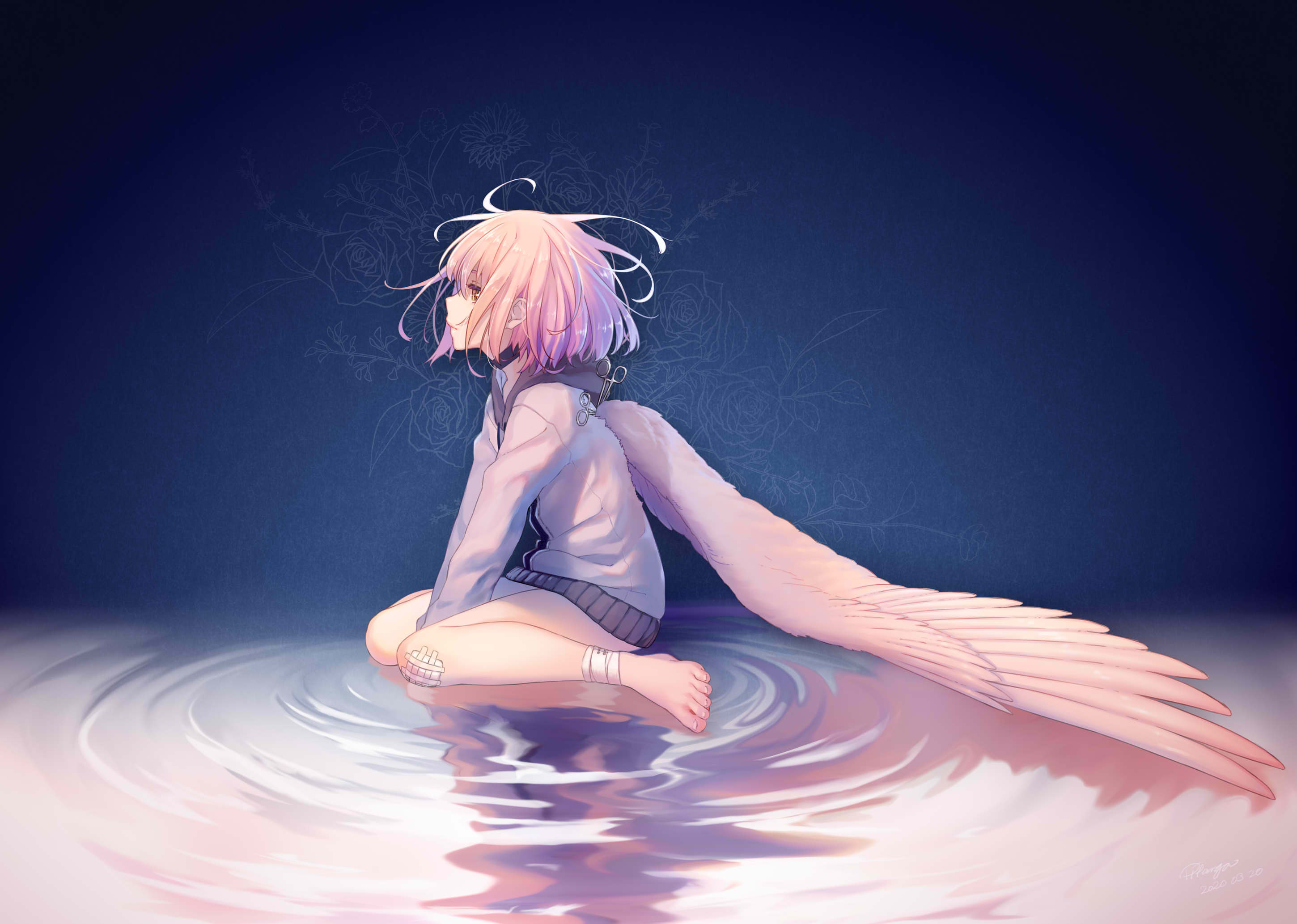 Safebooru - 1girl angel wings arm support bandaged ankle bandaged leg bandages bandaid bandaid ...