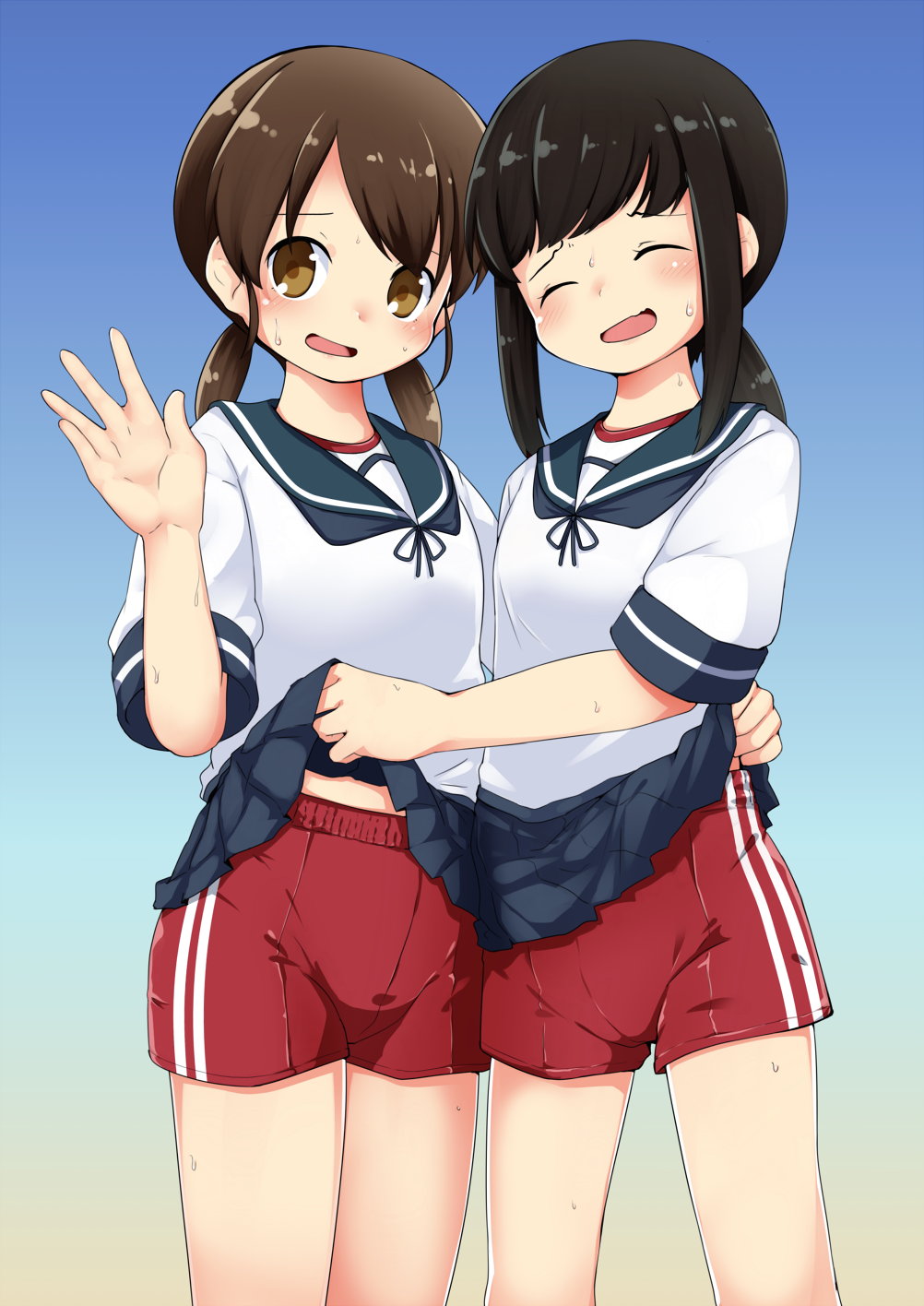 Safebooru - 2girls bangs black hair blue background blue sailor collar blue skirt brown eyes ...