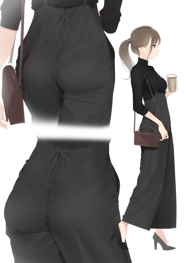 Safebooru - 1girl ama mitsuki ass bag black footwear black pants black sweater blush breasts ...