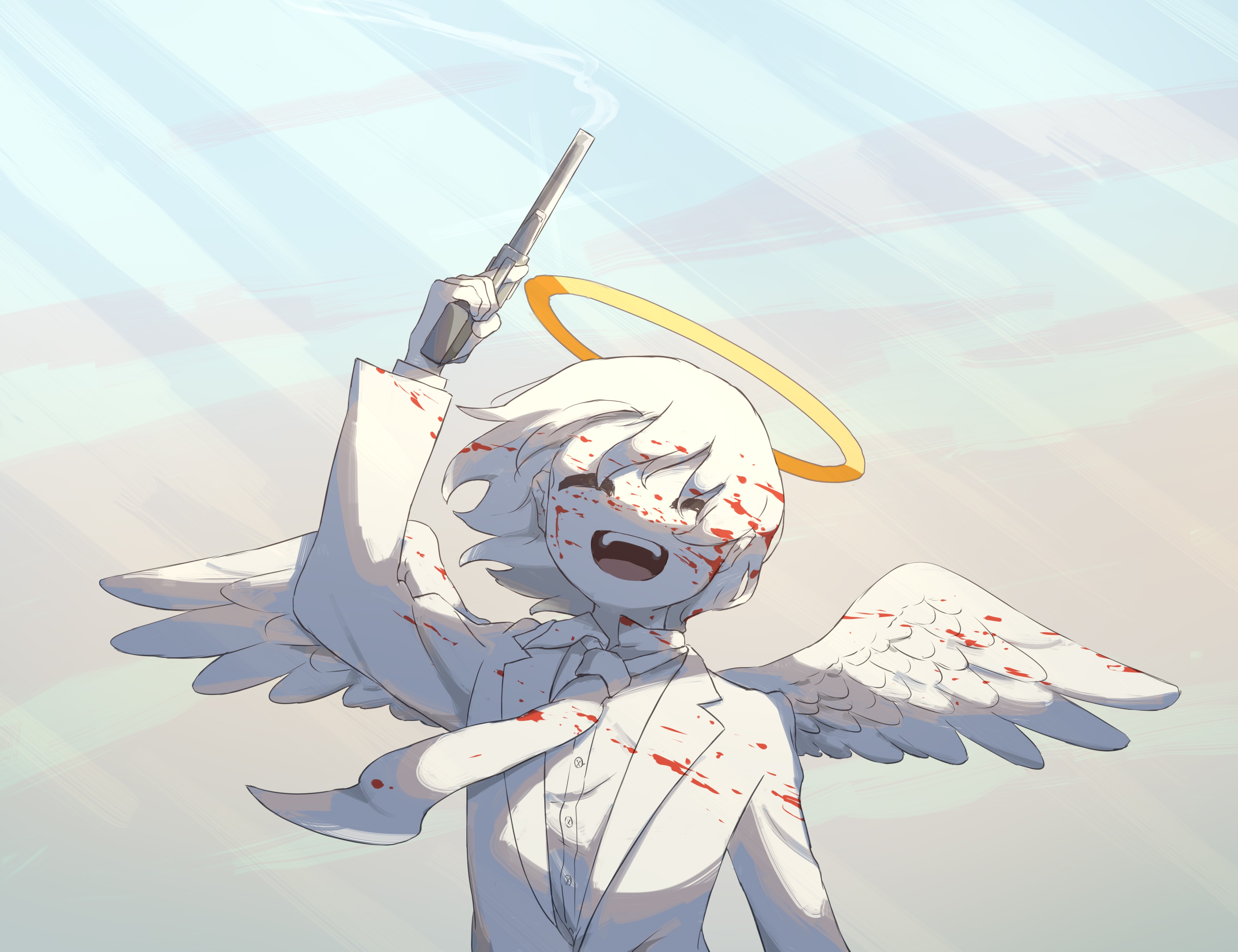 Safebooru - 1boy :d absurdres angel angel wings avogado6 blood blood on ...