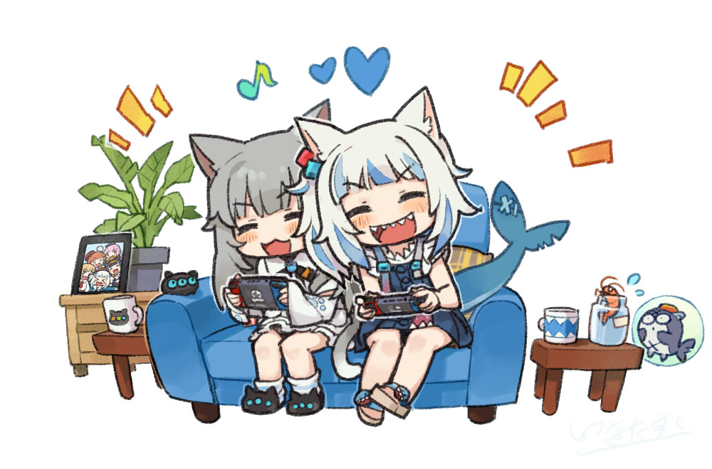 Safebooru - 2girls :d ^ ^ animal ear fluff animal ears bangs black footwear bloop (gawr gura ...