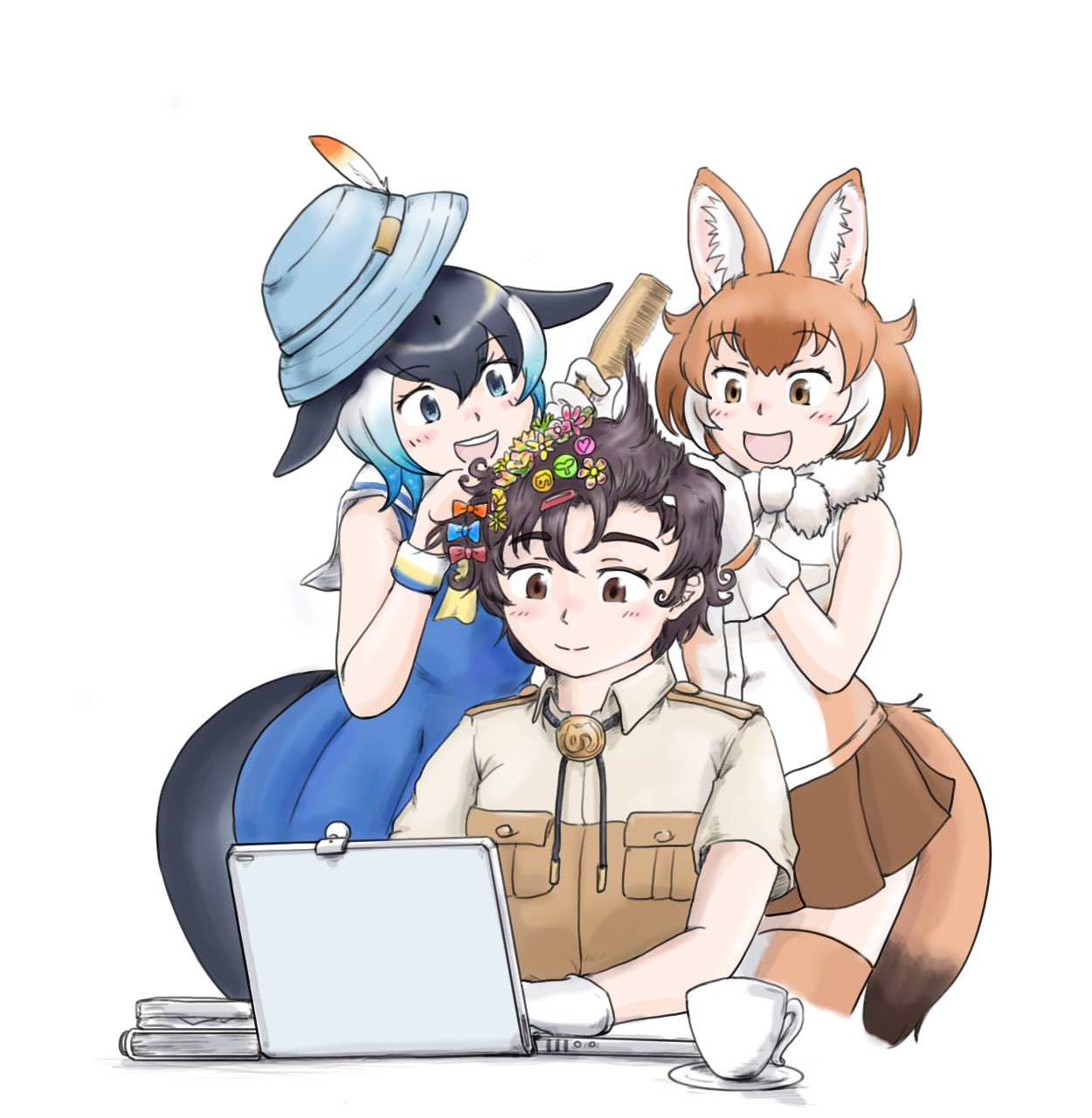 Safebooru - 1boy 2girls animal ears blowhole bucket hat captain (kemono ...
