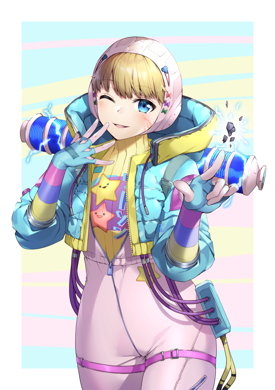 Safebooru - 1girl \m/ apex legends bangs blonde hair blue eyes blue gloves blue jacket bodysuit ...