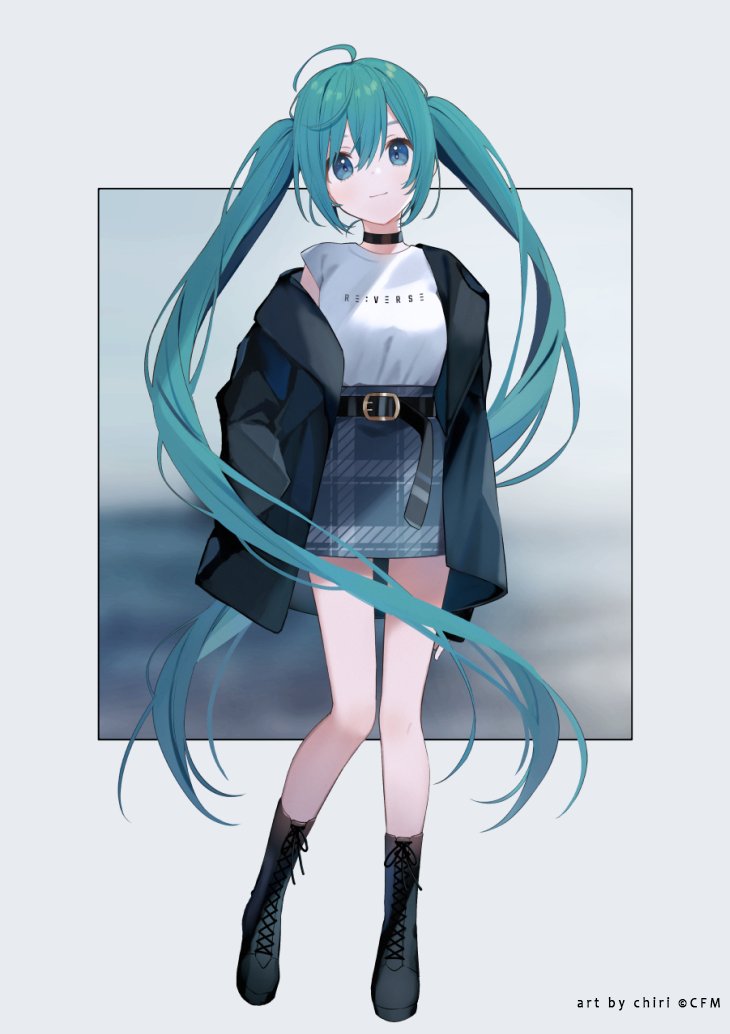 Safebooru - 1girl ahoge aqua hair artist name belt black belt black choker black footwear blue ...