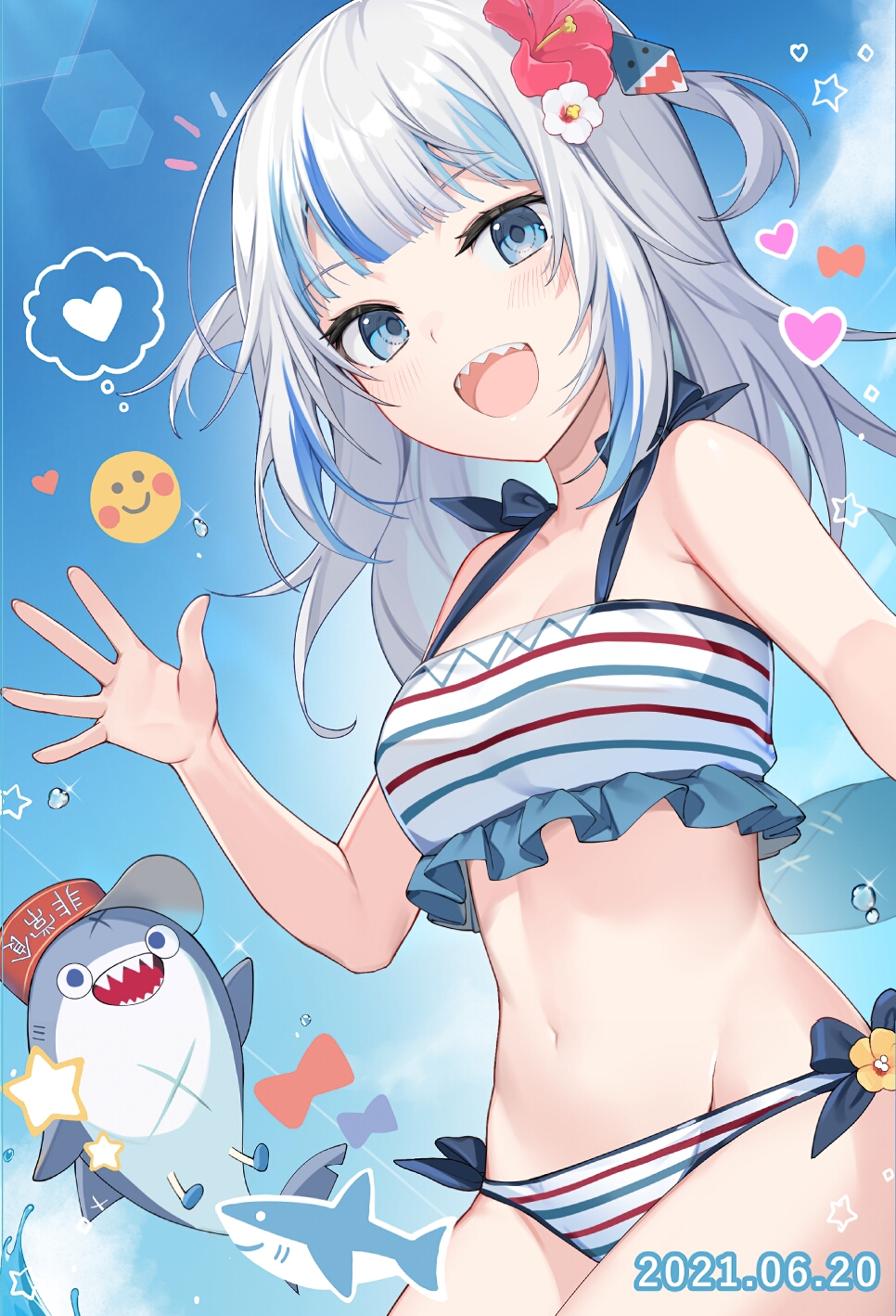 Safebooru - 1girl bangs bikini bloop (gawr gura) blue eyes blue hair blue sky breasts flower ...