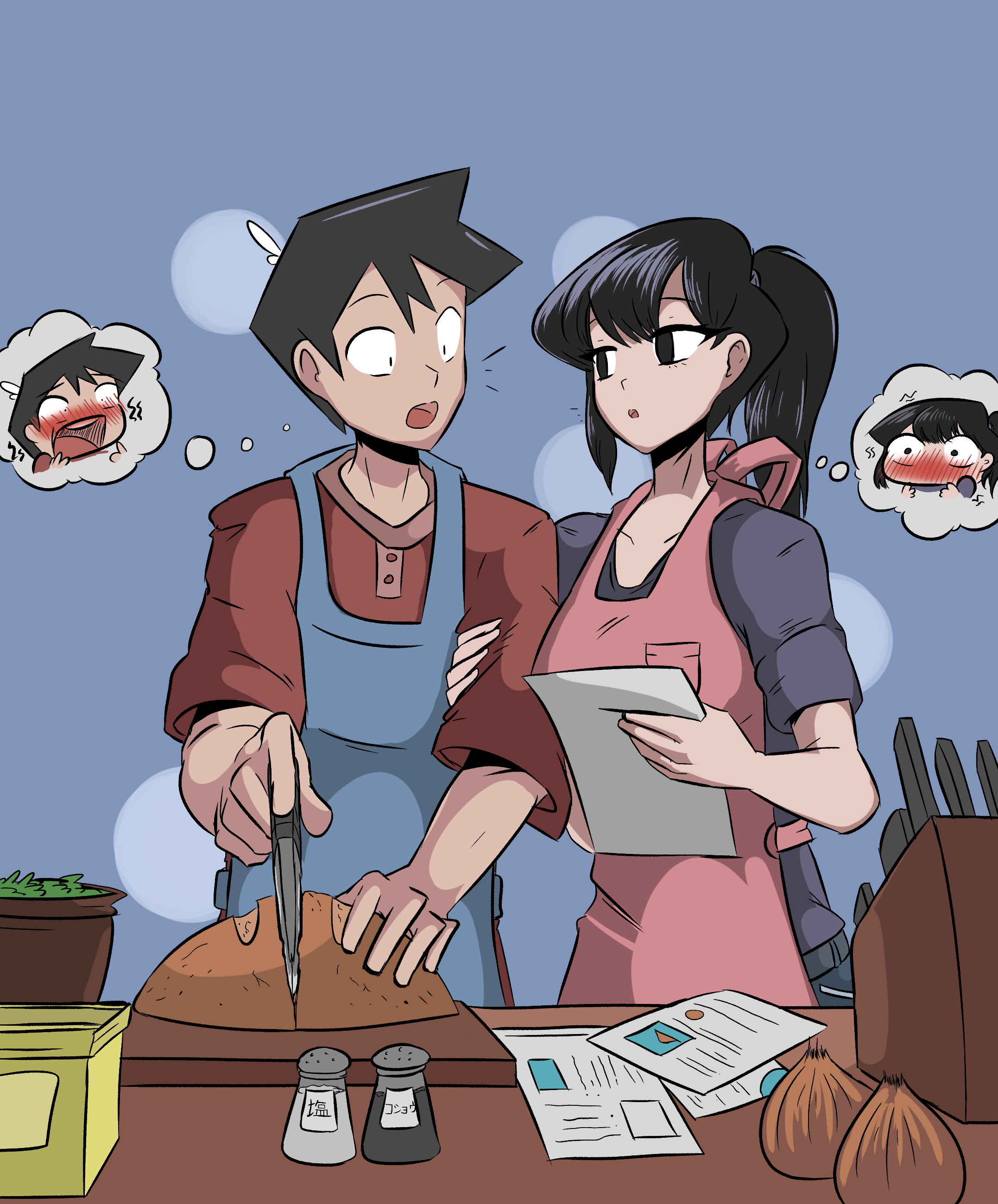 Safebooru - 1boy 1girl absurdres apron black eyes blue apron boofer ...