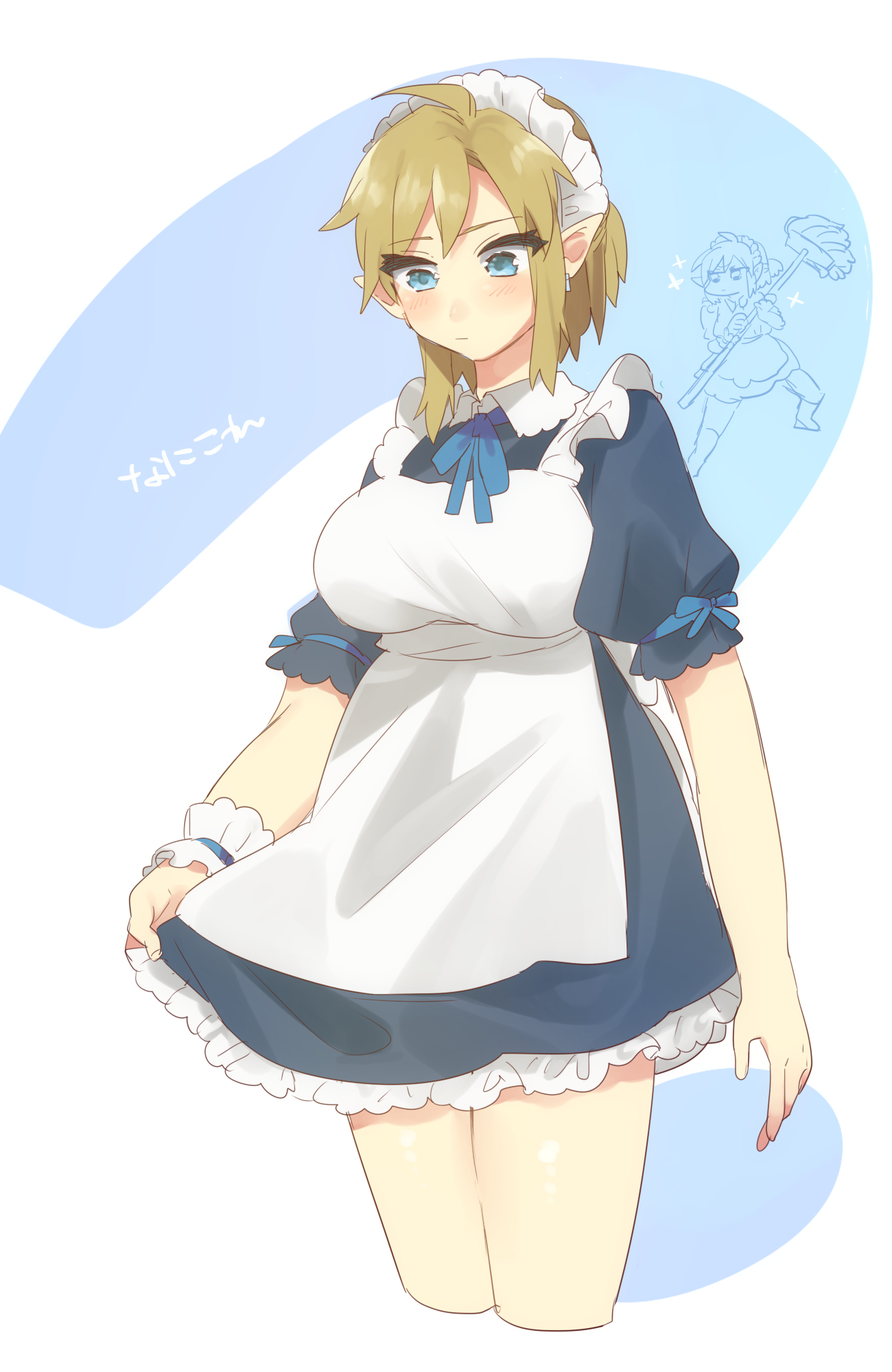 Safebooru - 1girl ahoge alternate costume apron bangs black dress blue background blue eyes blue ...