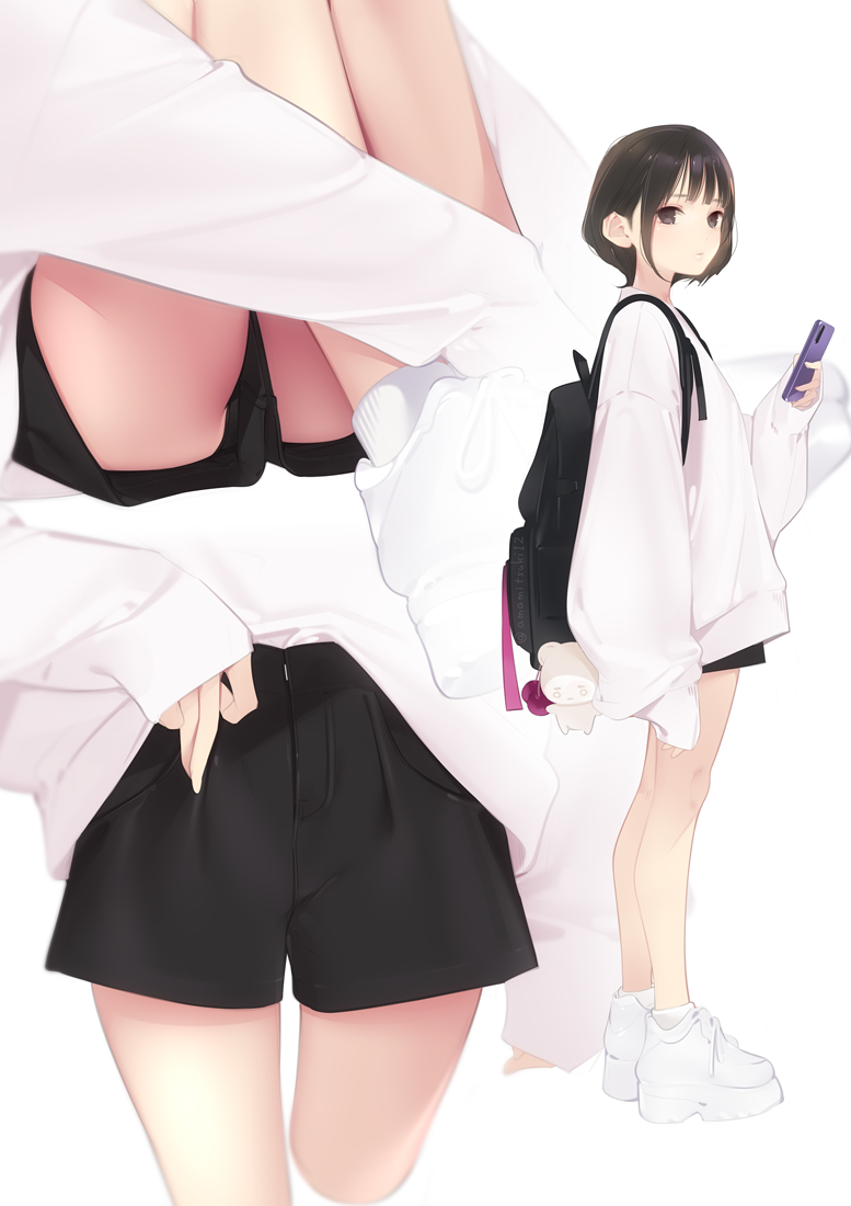 Safebooru - 1girl ama mitsuki backpack bag bag charm bare legs black shorts blush brown eyes ...
