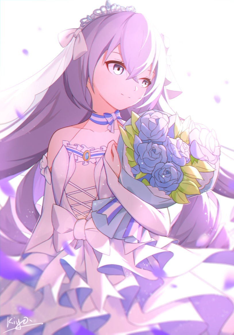 Safebooru - 1girl bangs bare shoulders blue flower blurry blurry background blurry foreground ...