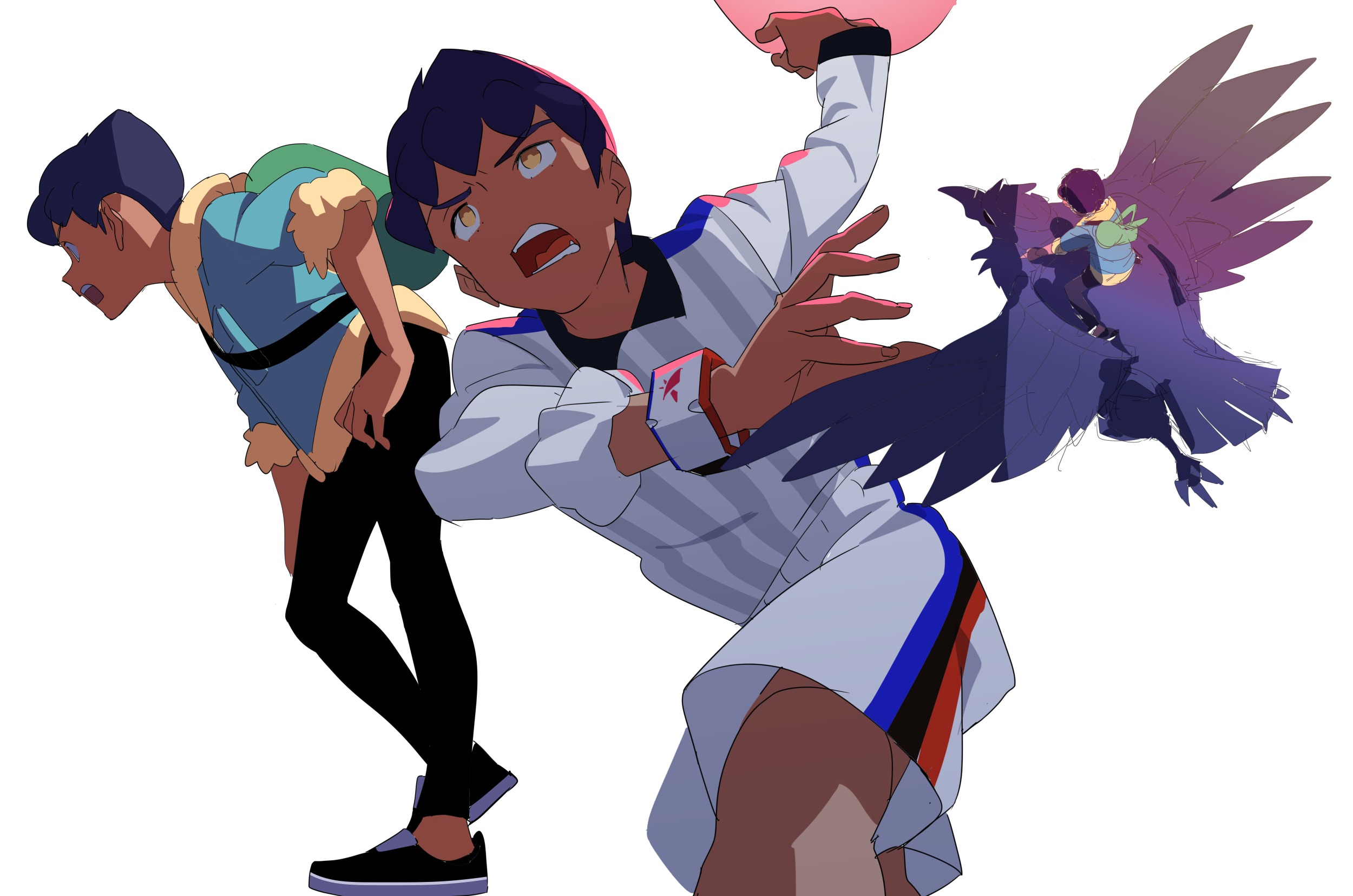 Safebooru - 1boy bag bangs black footwear black pants blue jacket collared shirt corviknight ...