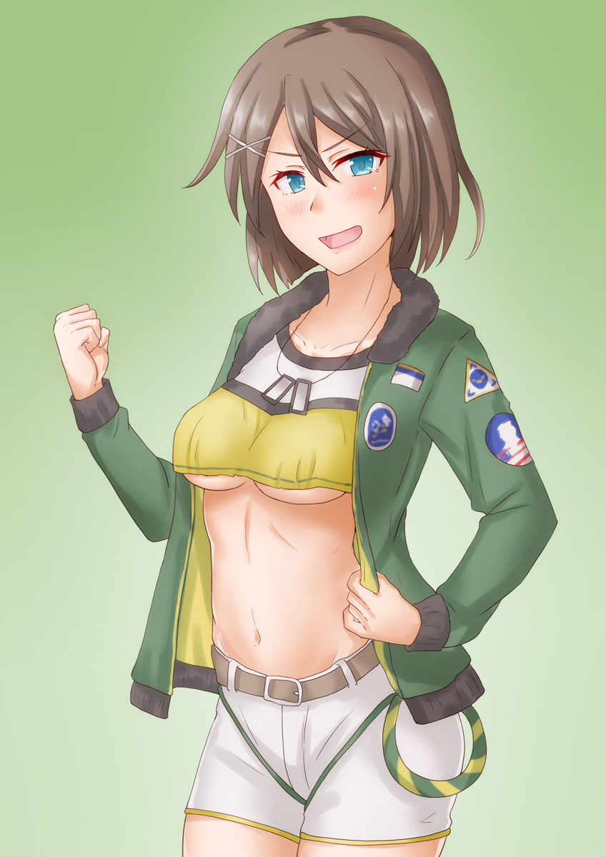 Safebooru - 1girl alternate costume anti (untea9) belt blue eyes breasts brown hair clenched ...
