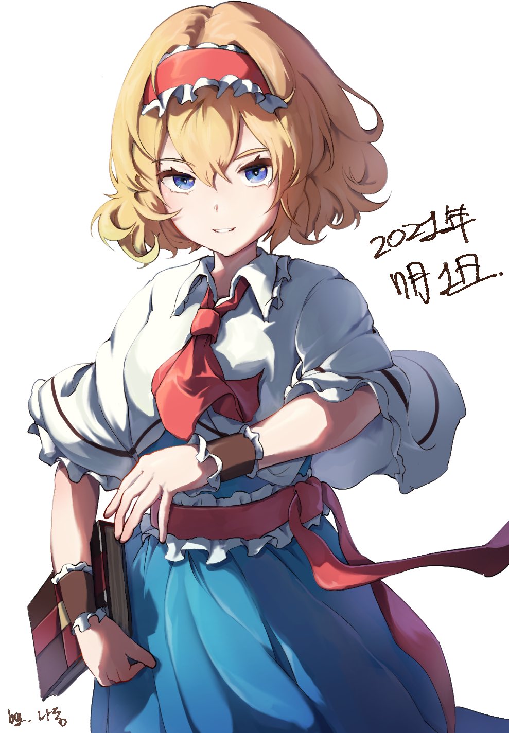 Safebooru - 1girl alice margatroid ascot bangs blonde hair blue dress blue eyes book capelet ...