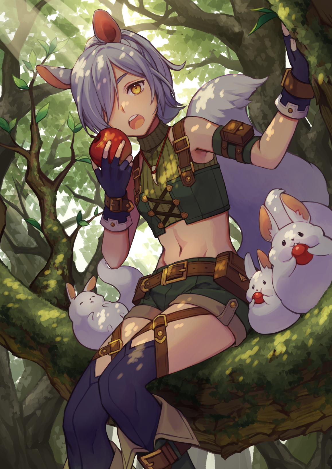 Safebooru - 1girl animal animal ears apple bag bangs eating fingerless gloves food forest fruit ...