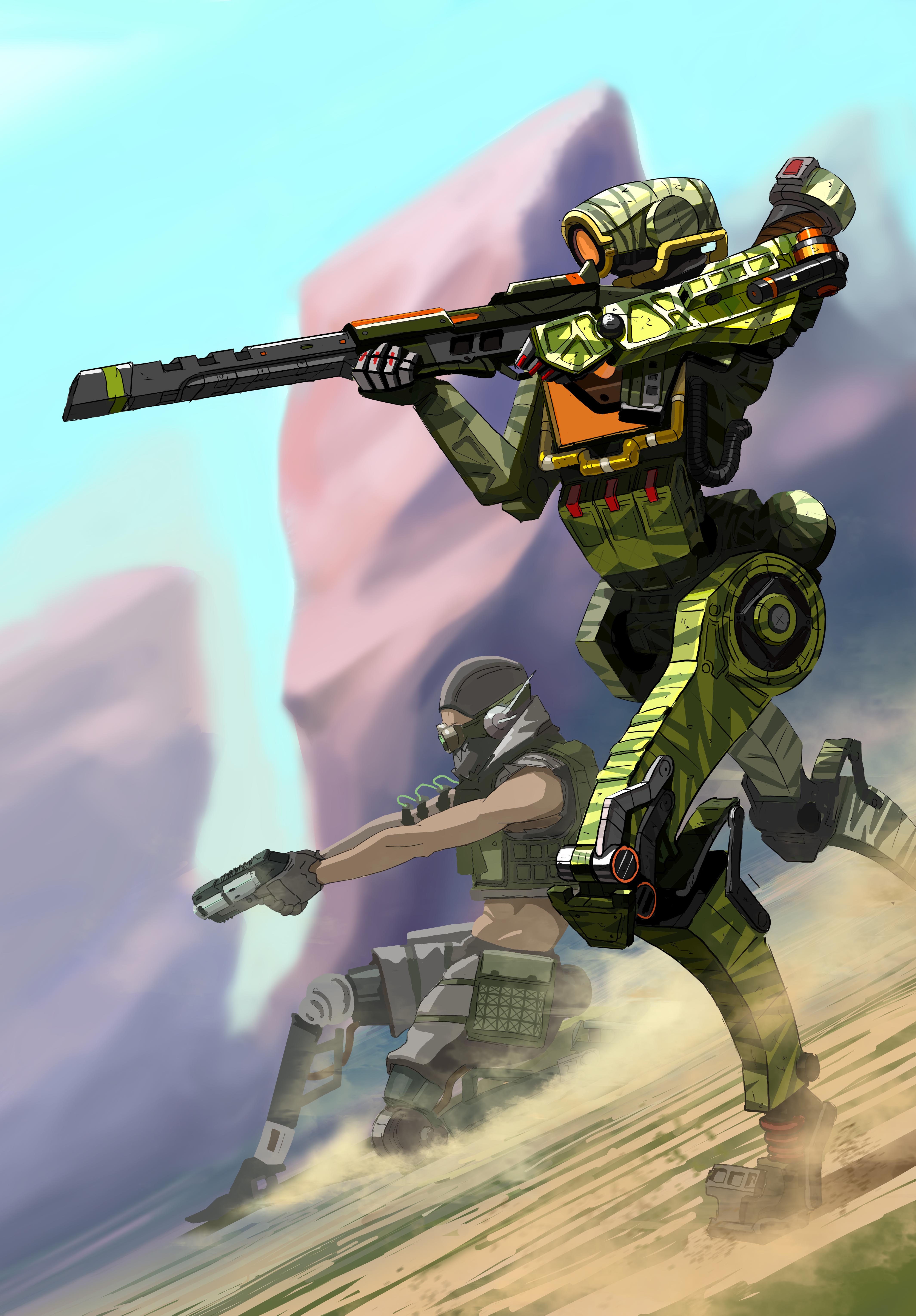 Safebooru - 2boys absurdres aiming anbox apex legends b3 wingman black gloves black headwear ...