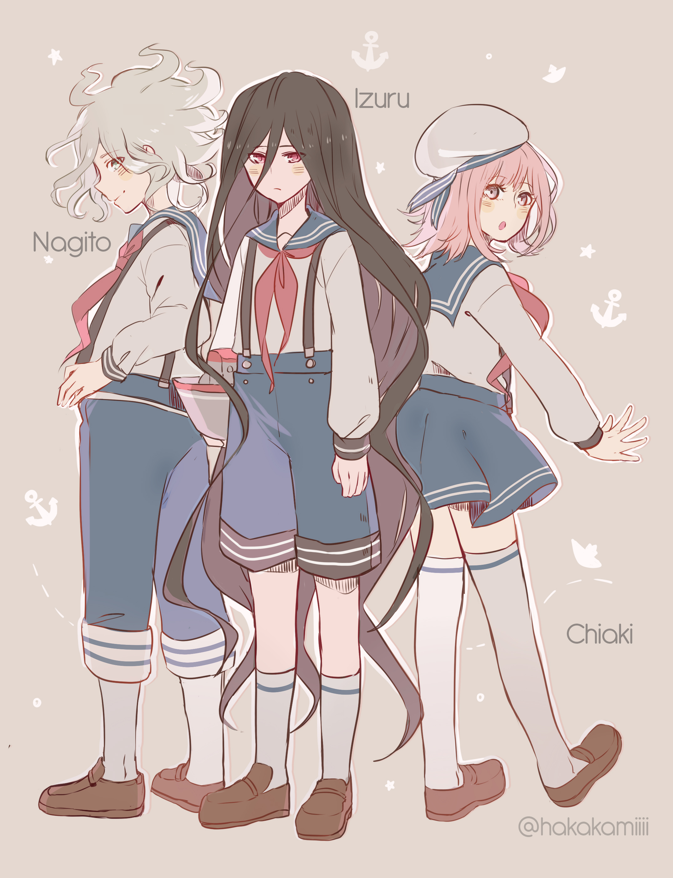 Safebooru - 1girl 2boys :o absurdres alternate costume anchor print artist name bangs black hair ...