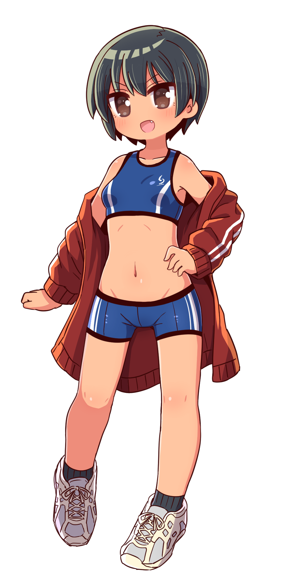 Safebooru - 1girl :d bangs bare shoulders bike shorts black hair black legwear blue shirt blue ...