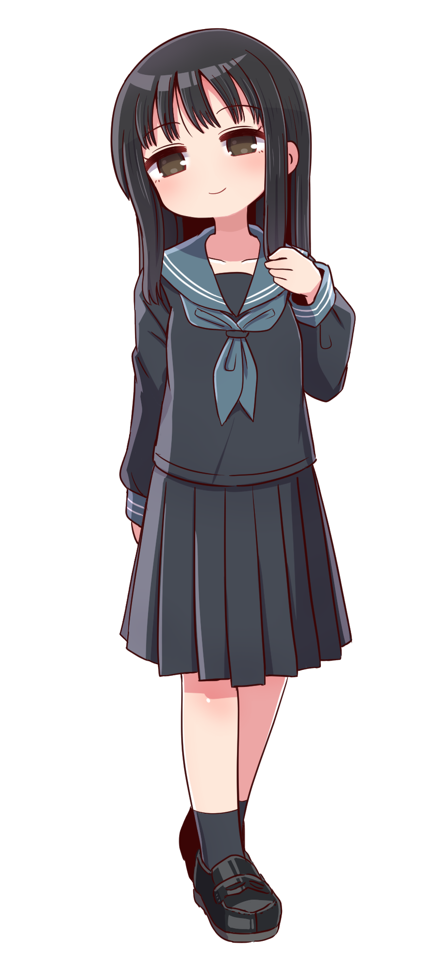 Safebooru - 1girl bangs black footwear black hair black serafuku black shirt black skirt blue ...