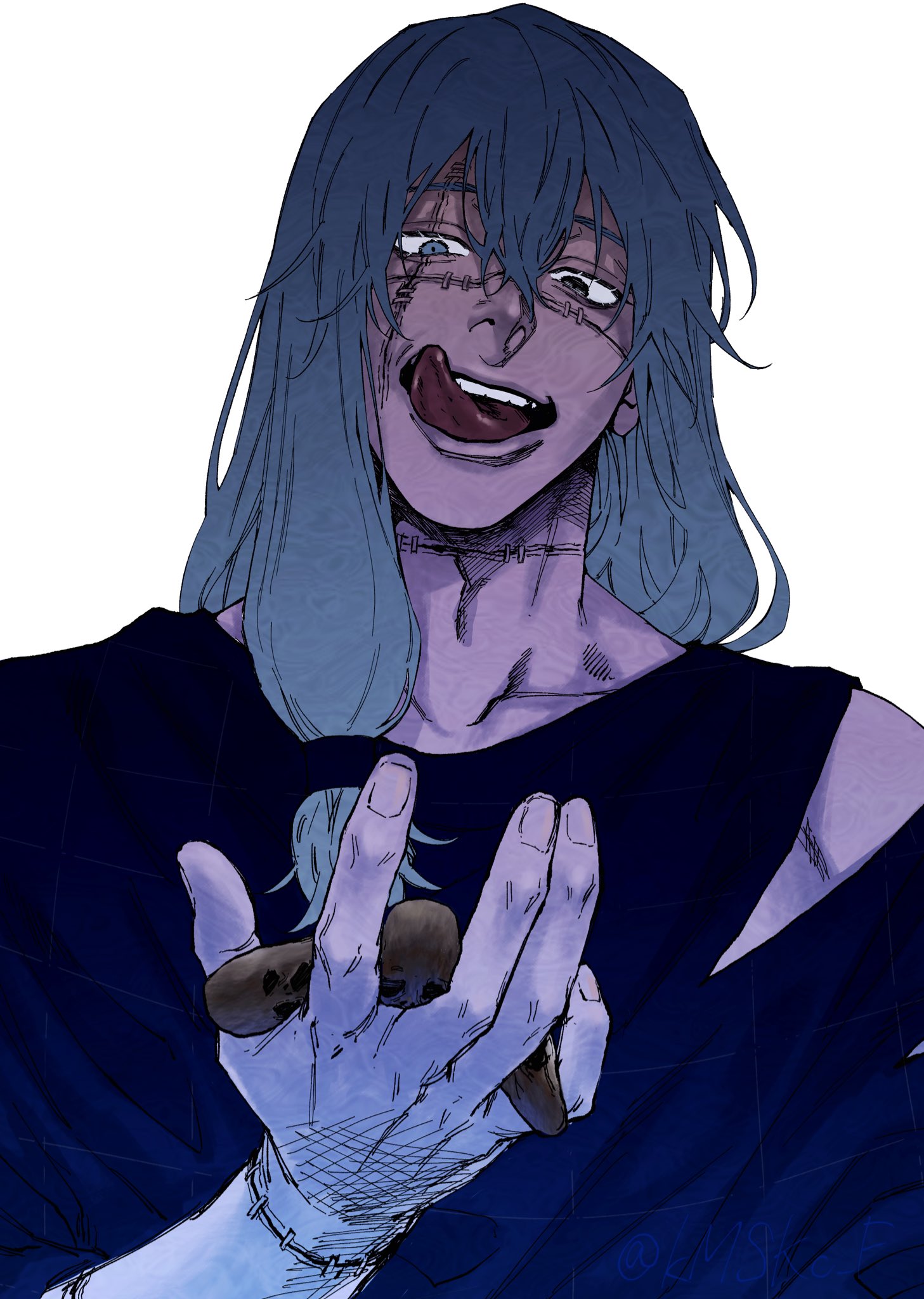 Safebooru - 1boy bangs black eyes black shirt blue eyes blue hair hair ...