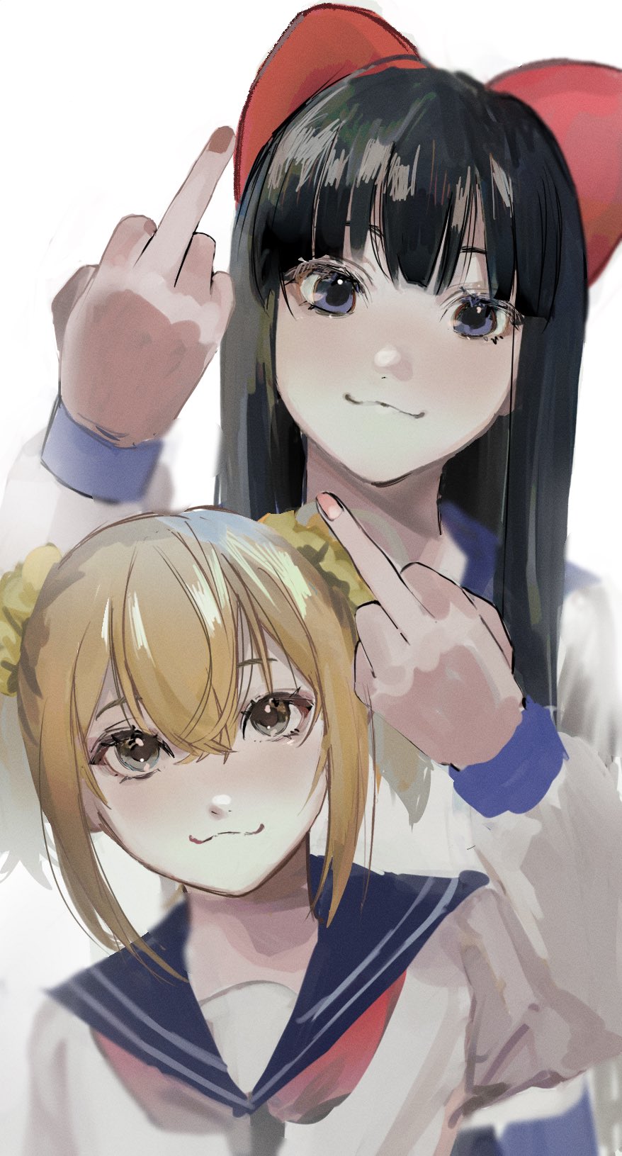 Safebooru - 2girls :3 black hair blue eyes blue sailor collar bow ...