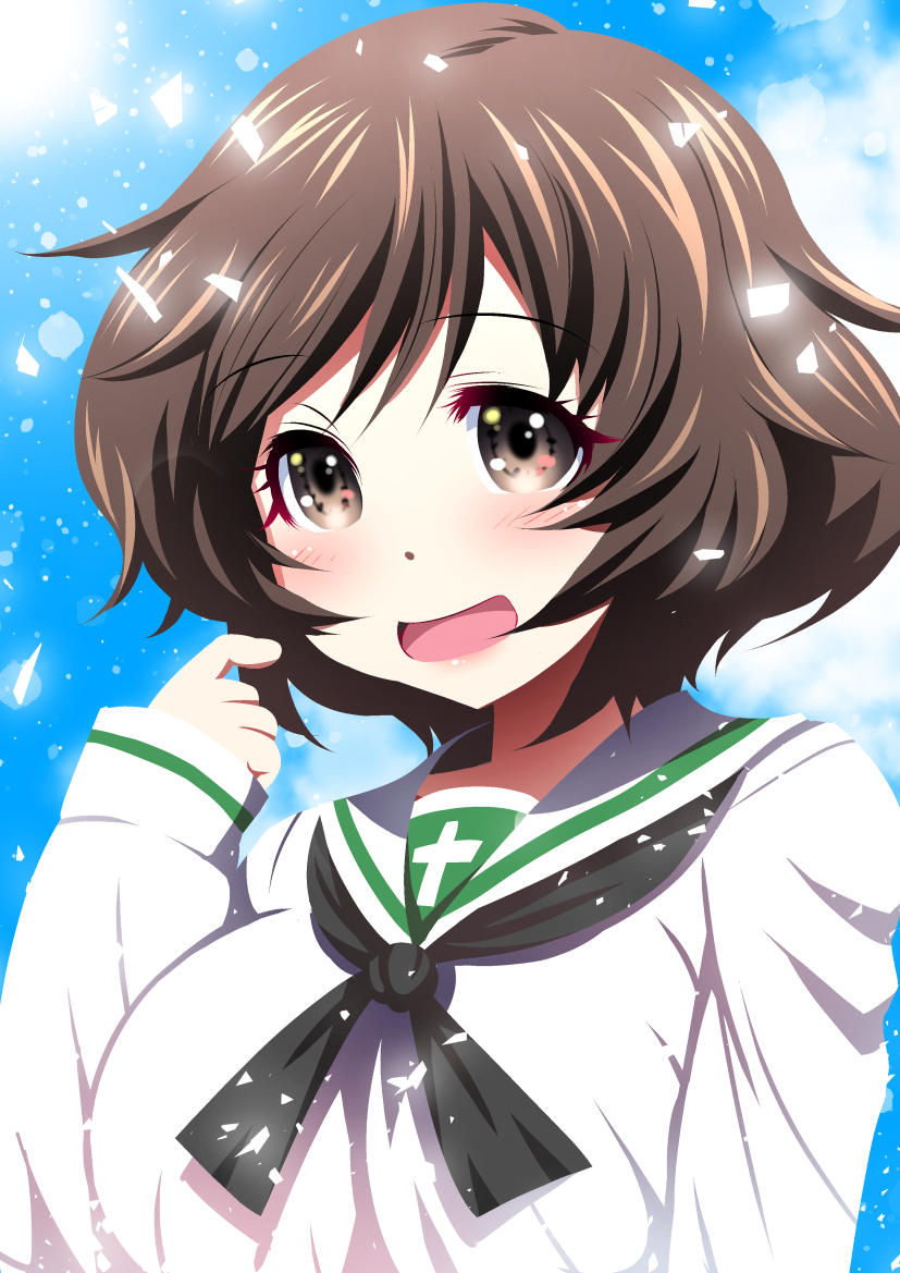 Safebooru - 1girl ai wa muteki akiyama yukari bangs black neckwear blouse blue sky brown eyes ...