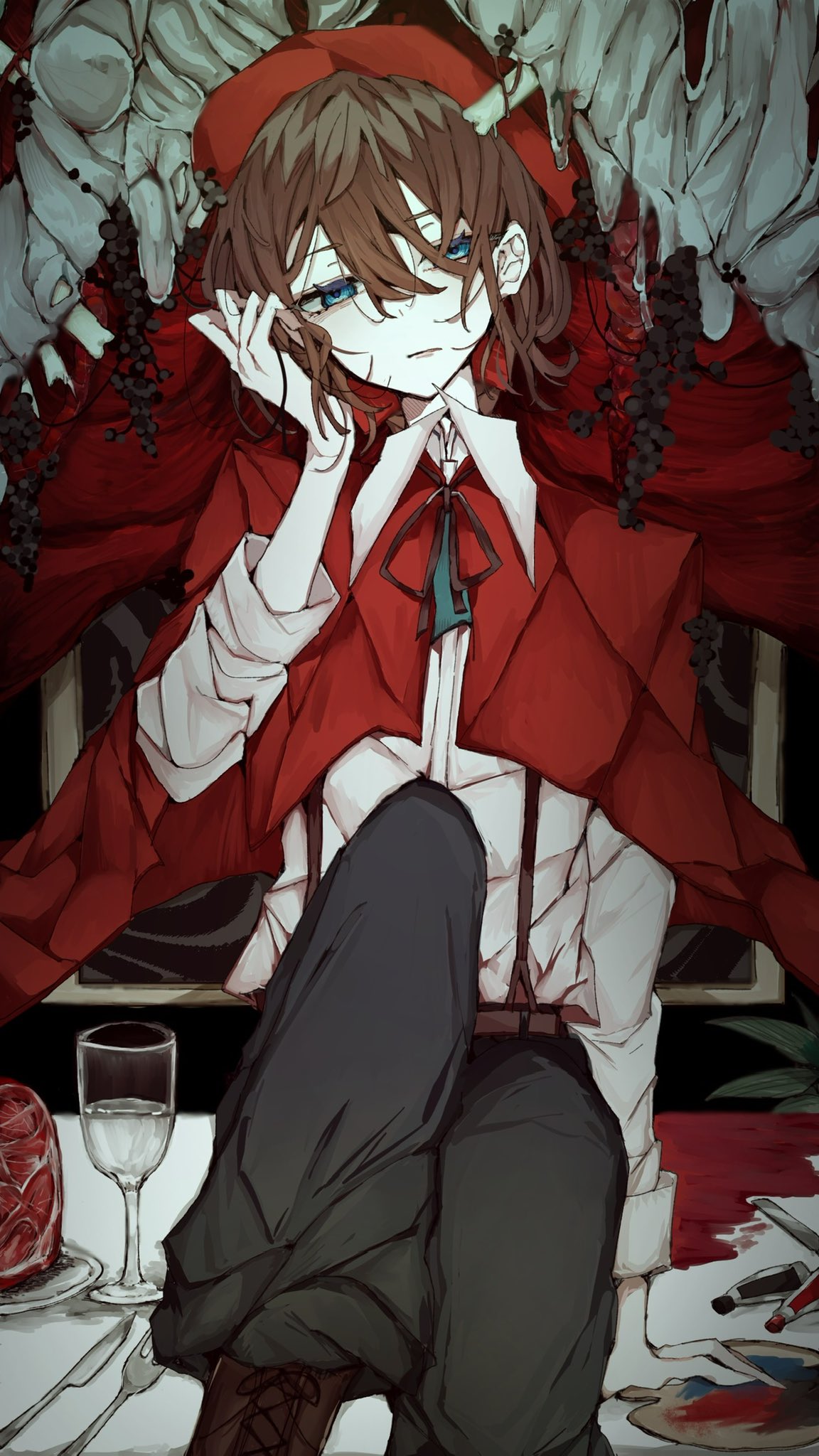 Safebooru - 1boy androgynous archived source beret black pants black ...