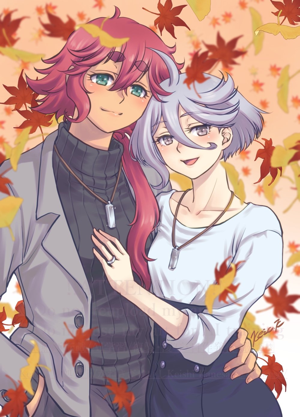 Safebooru - 2girls aqua eyes autumn leaves black skirt black sweater ...