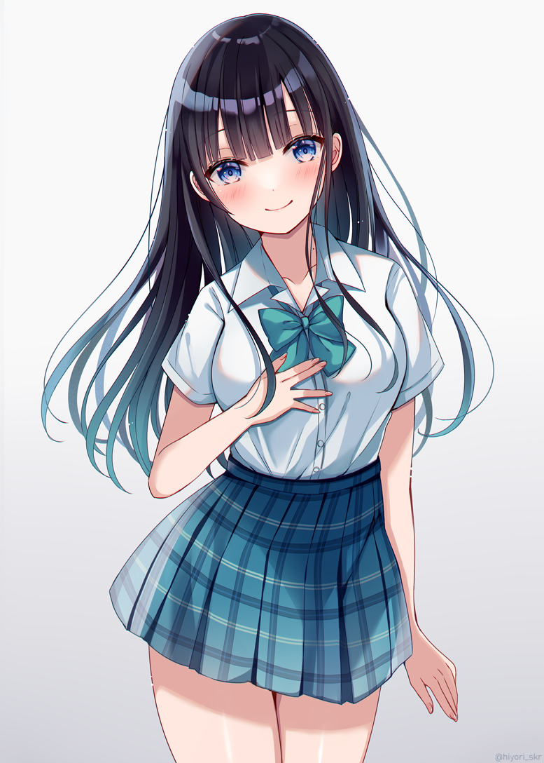 Safebooru - 1girl bangs black hair blue bow blue eyes blue neckwear blue skirt blush bow bowtie ...