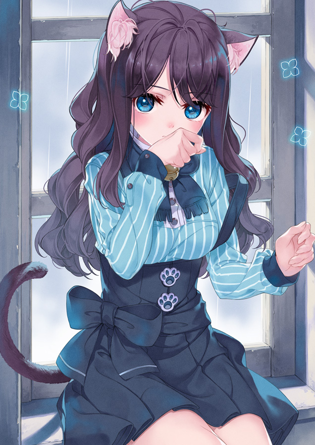 Safebooru - 1girl amamiya chiharu animal ears bell black hair blue eyes breasts cat button cat ...