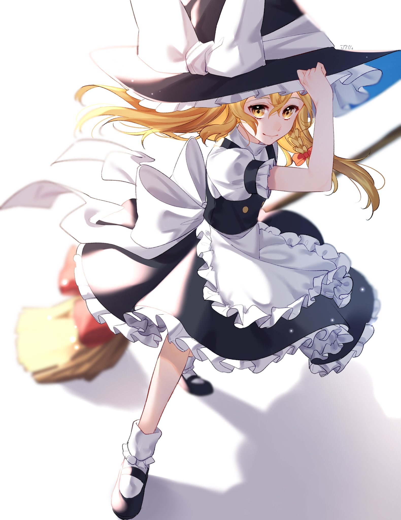 Safebooru - 1girl apron artist name bangs black dress black footwear black headwear blonde hair ...