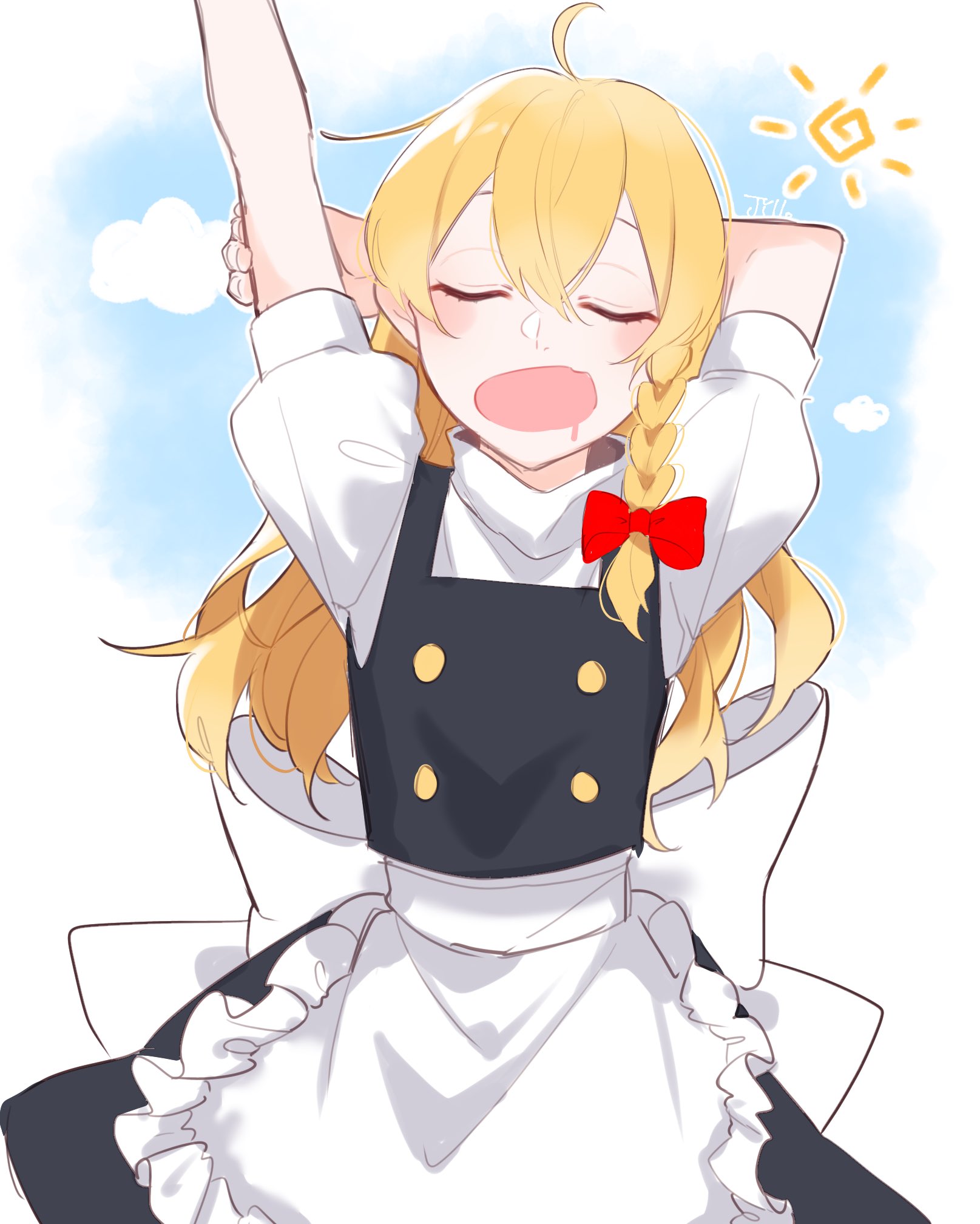 Safebooru - 1girl apron arms up bangs black dress blonde hair blue sky blush bow braid buttons ...