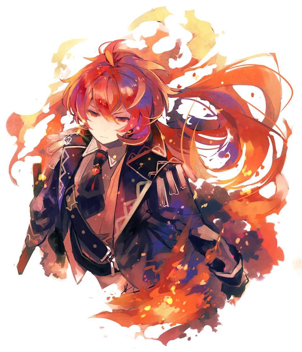 Safebooru - 1boy ahoge bangs black jacket black neckwear closed mouth cropped torso diluc ...