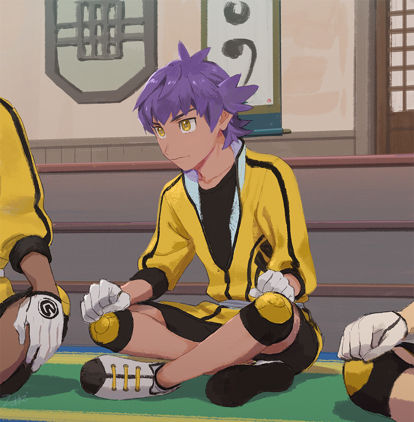 Safebooru - 1boy 2others bangs black shirt black shorts clenched hands ...