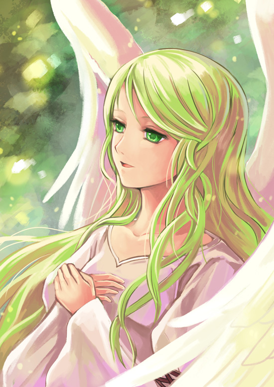 Safebooru - 1girl :d akr369akr angel wings bangs blonde hair collarbone dress feathered wings ...