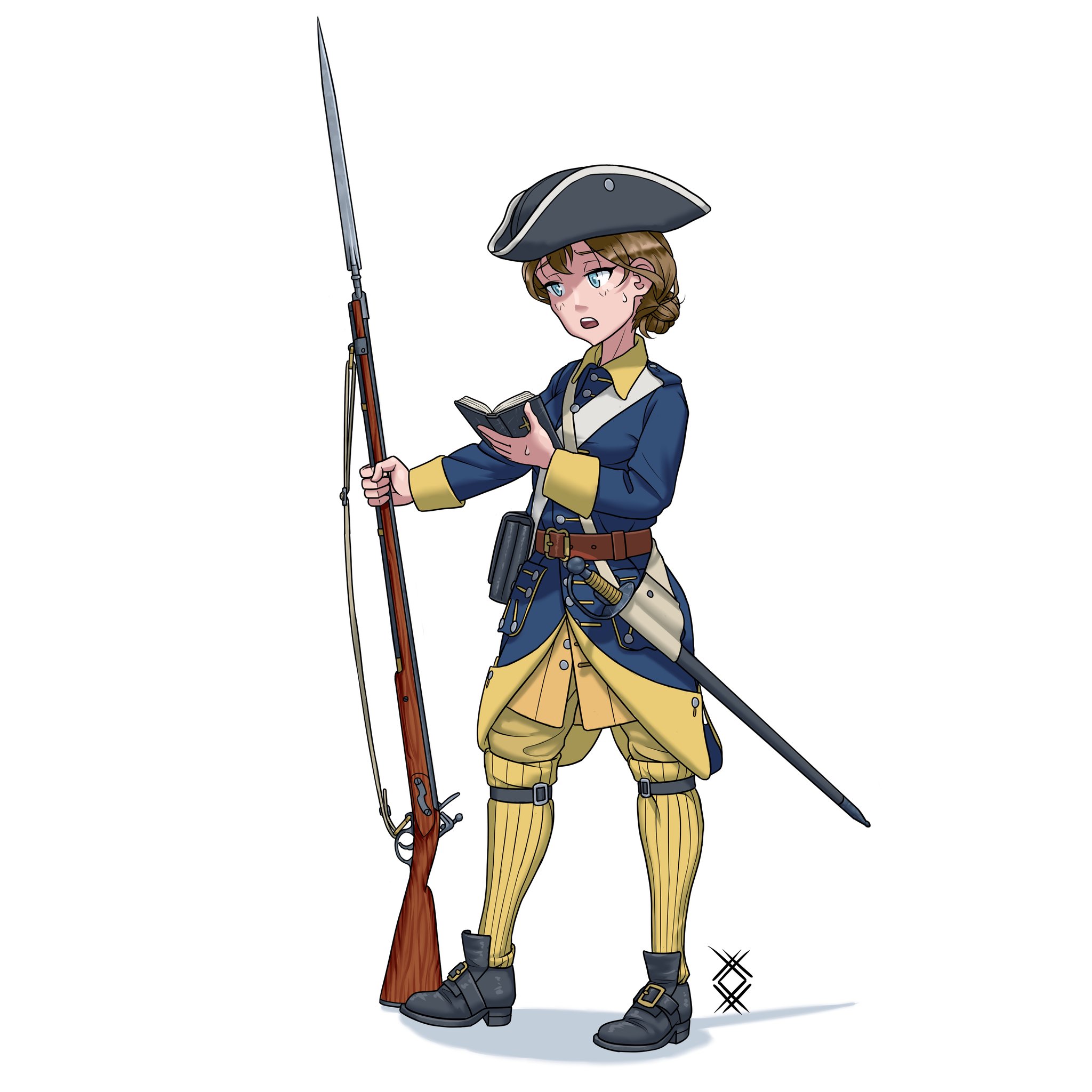 Safebooru - 1girl antique firearm bible blue eyes blue jacket brown ...