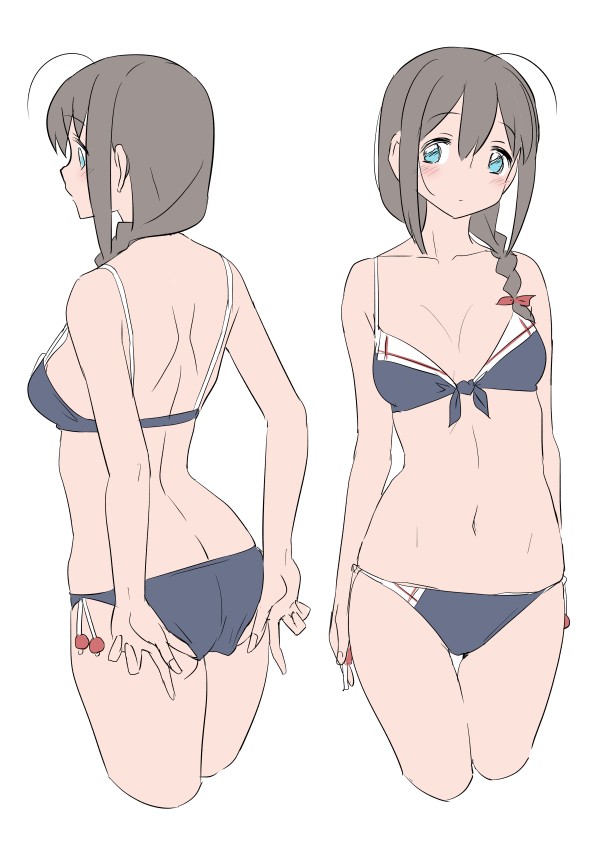Safebooru - 1girl adapted costume ahoge bikini black hair blue eyes braid breasts commentary ...