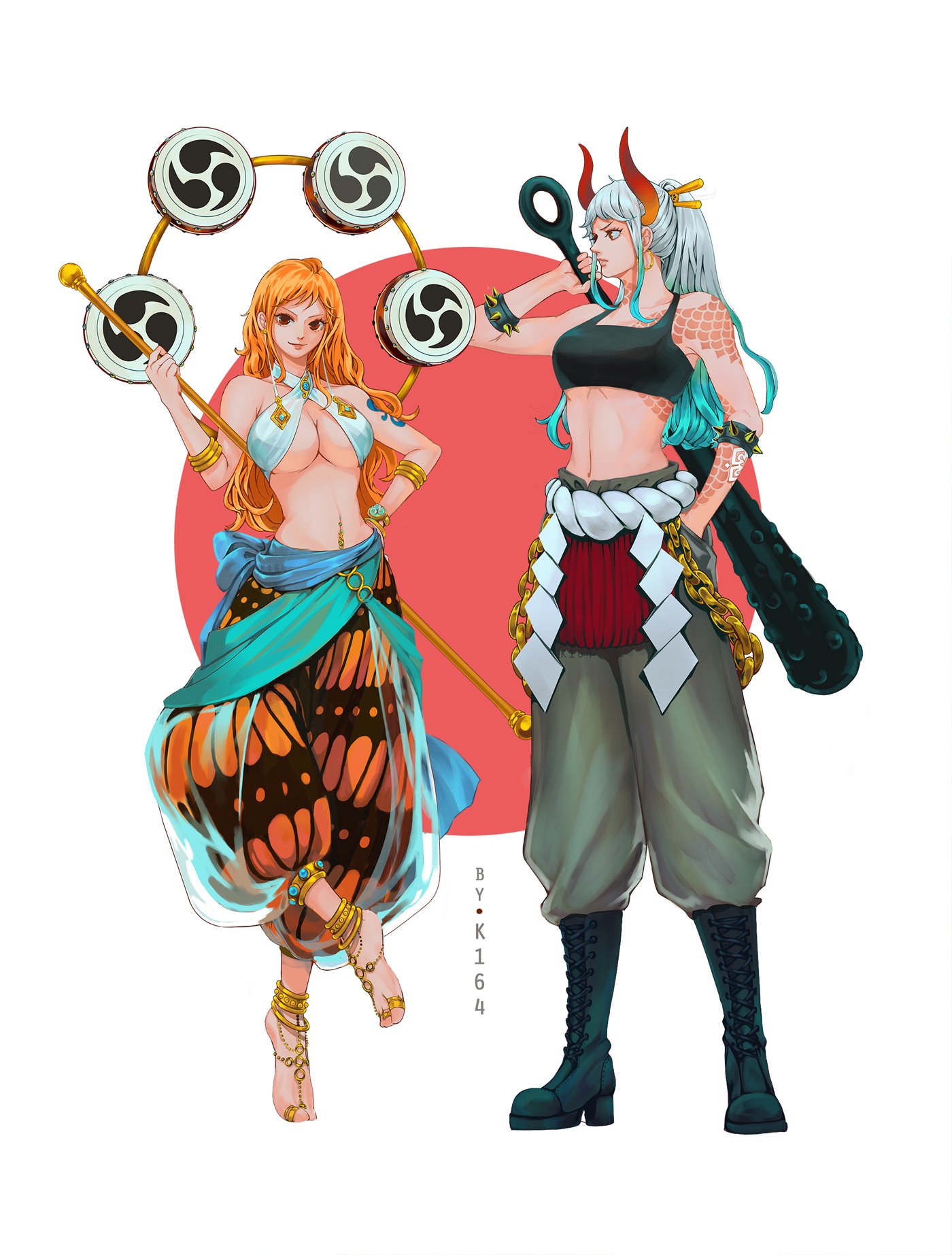 Safebooru - 2girls arm tattoo arm up armlet artist name baggy pants bare shoulders boots breasts ...