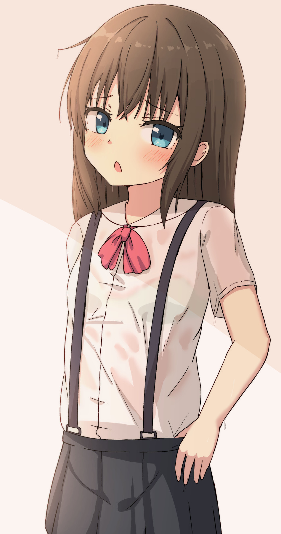 Safebooru - bangs black skirt blue eyes blush bow bra bra through clothes brown background brown ...