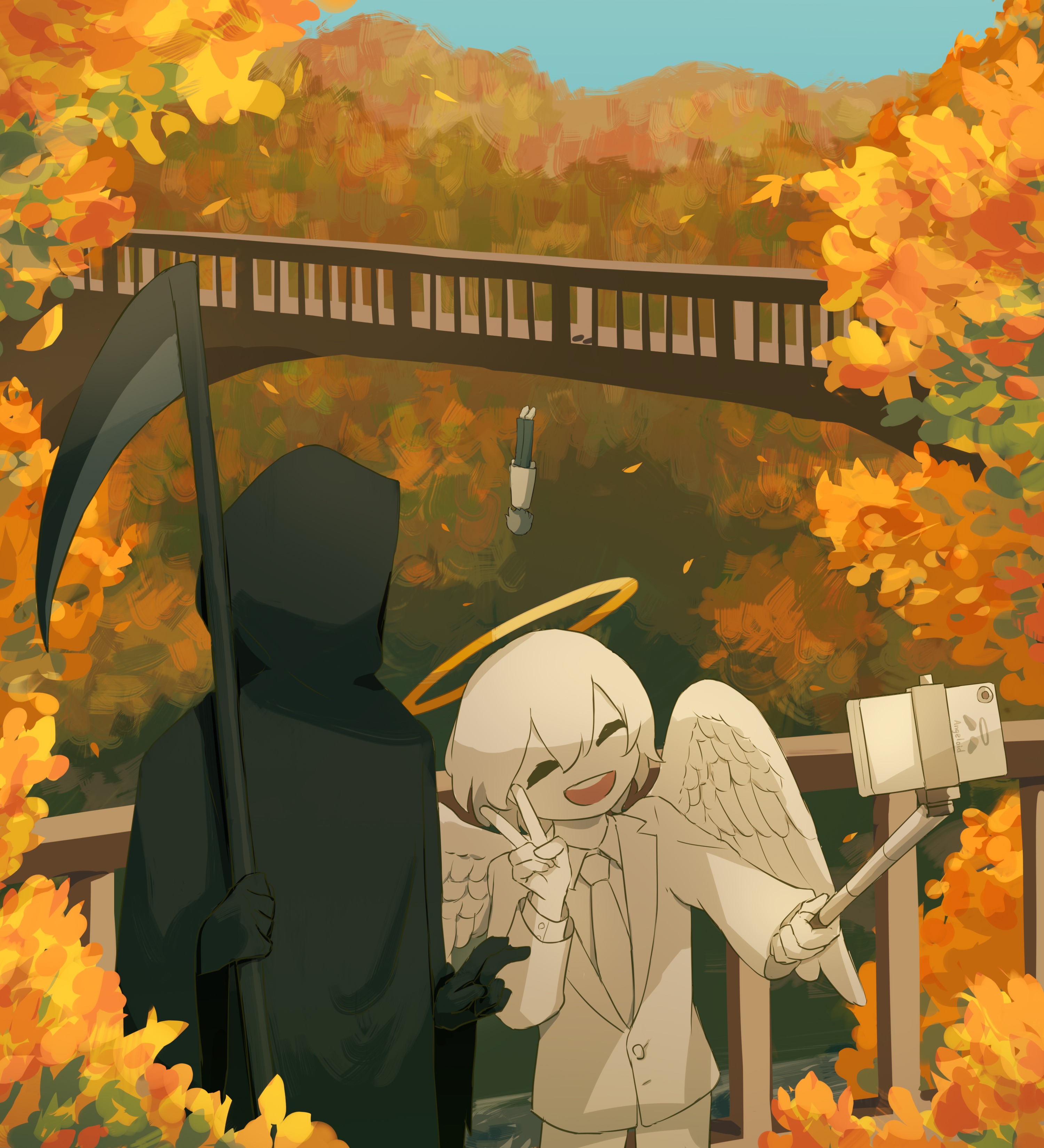 Safebooru - :d absurdres angel angel wings avogado6 bridge cellphone ...