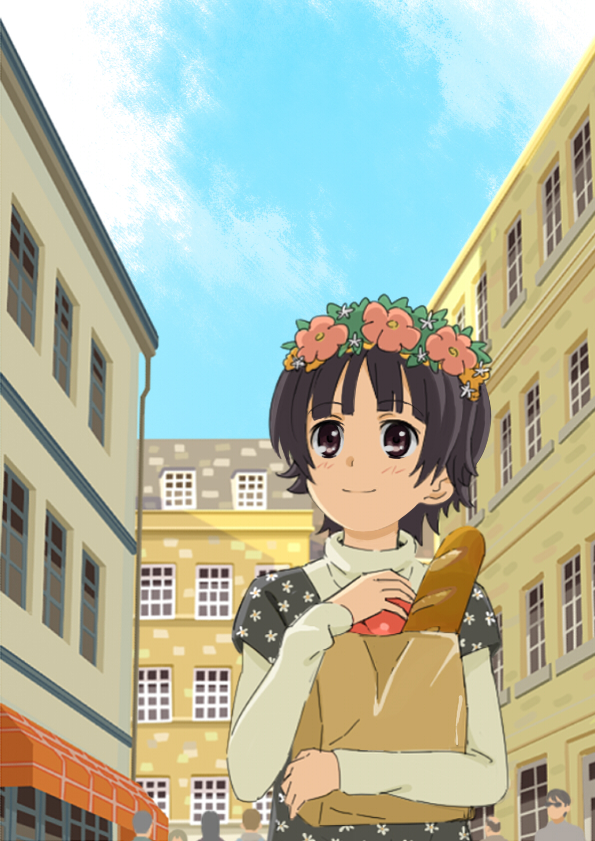 Safebooru - banzai nekomimi black hair bread brown eyes flower food ...