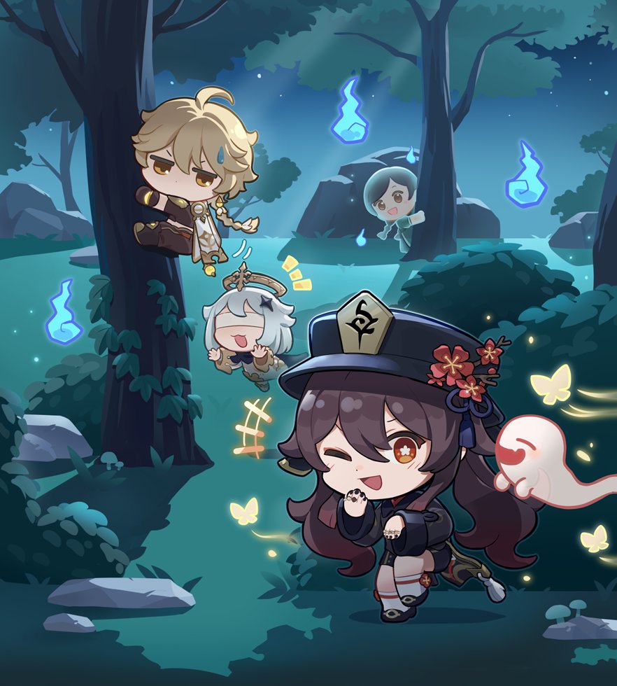 Safebooru - 1boy 3girls aether (genshin impact) ahoge artist request bangs black headwear ...